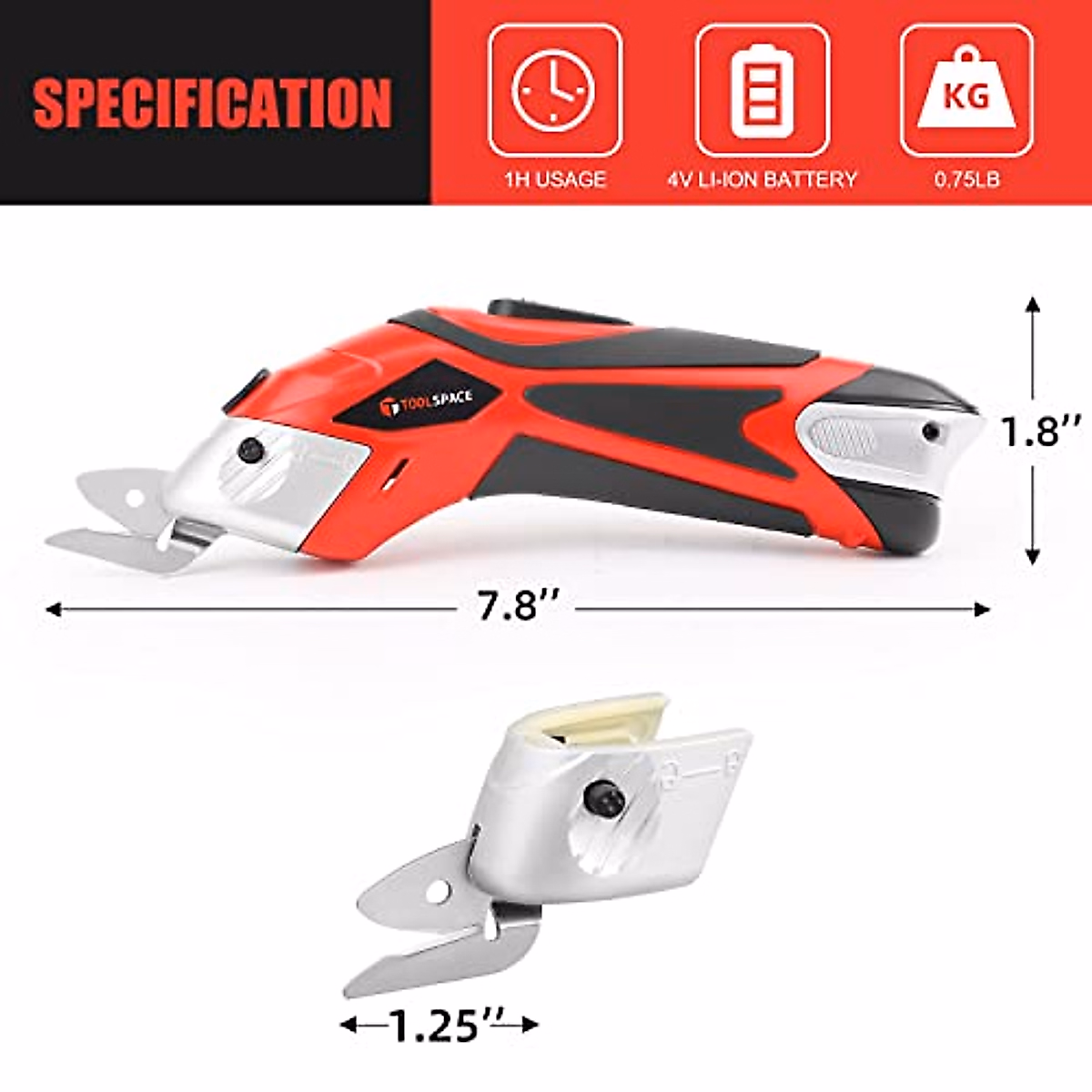 Cordless Electric Scissors with Two Blades, TOOLSPACE Electric Cardboard Cutter Electric Fabric Scissors for Cutting Fabric, 4V Lithium-Ion Rechargeable Battery, Easy Carry and Fast Charging