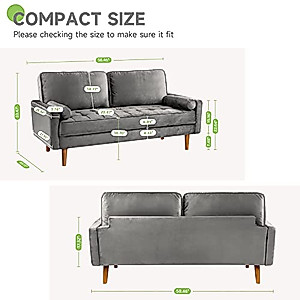 Vesgantti 58 inch Loveseat Sofa, 2 Seater Sofa for Small Space, Button Tufted Grey Velvet Couch with 2 Pillows, Mid Century Modern Couch w/Armrest, Small Couches for Living Room, Bedroom, Apartment