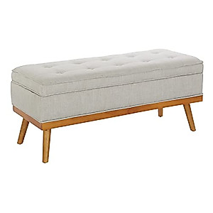 OSP Home Furnishings Katheryn Storage Bench with Tufted Seat and Wood Finish Legs, Grey Fabric