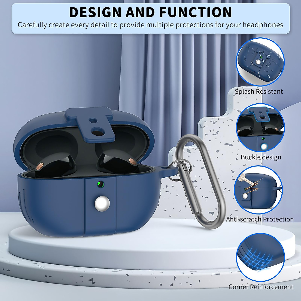 Secure Lock Case for Sony WF-1000XM5 Earbuds(2023), WOFRO Shockproof Anti-Scratch Silicone Protective Cover Skin Designed for Sony WF1000XM5 Sony XM5 Wireless Earbuds with Lanyard&Keychain (Blue)