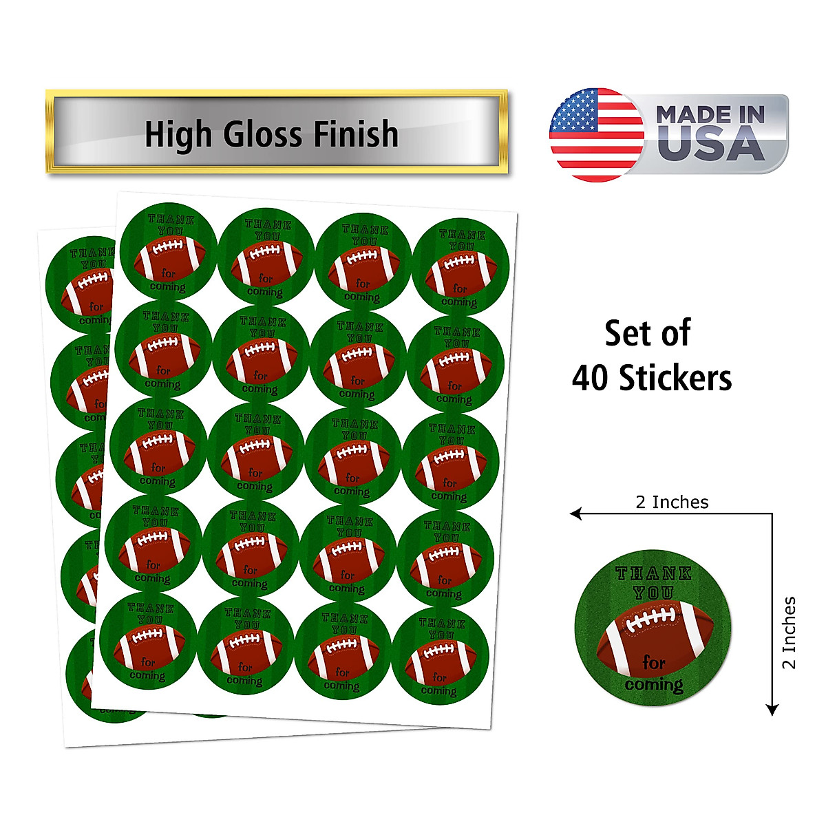40 Thank You Football Labels, 2 Inch Big Round Glossy Stickers, Great Stickers for Birthday Party, Baby Shower, Wedding, Graduation, or Any Family Event Decorations, Made in USA