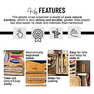 Ziplock Bag Organizer - 6 in 1 Wrap Dispenser with Cutter and Labels, Bamboo Reusable Baggies Dispenser Container, Storage Organizer for Kitchen Drawer, Compatible with Gallon, Quart, Sandwich & Snack