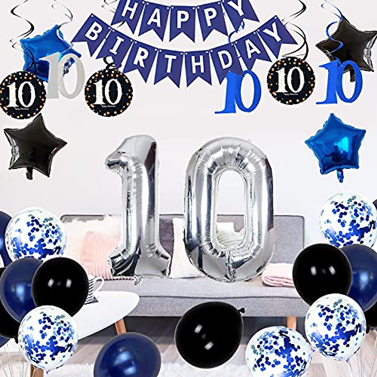 10th Birthday Decorations for Boys Girls - Navy Blue Birthday Decorations For Teenager Kids Party Supplies Including HAPPY BIRTHDAY Banner Balloons for Birthday Party Decor - 10 Years Old Birthday Party Supplies Kit
