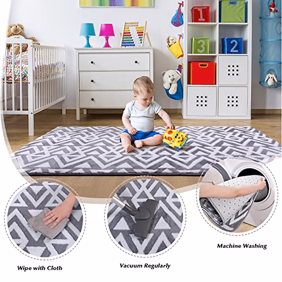 Memory Foam Area Rugs 4'X6' for Bedroom, Room, Plush Geometric Textured Carpets for Kids Room, Shaggy Washable Rug for Nursery Dorm Room Decor, Grey