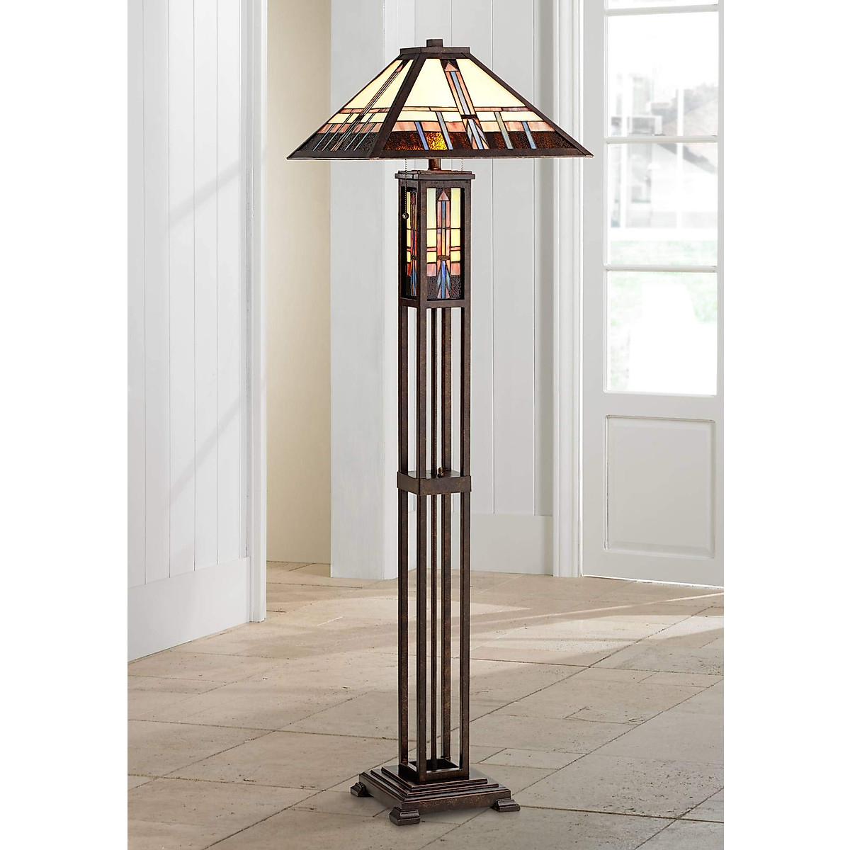 Robert Louis Tiffany Mission Southwest Tiffany Style Standing Floor Lamp with Night Light Art Deco 60.5" Tall Oiled Bronze Copper Stained Glass Shade Decor for Living Room Reading House Bedroom