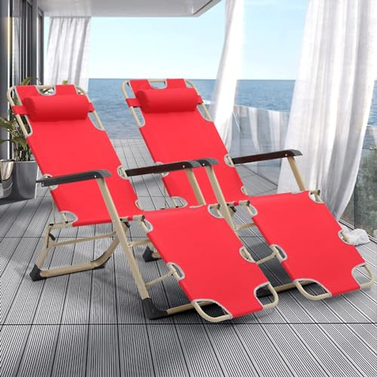 Magshion 2 Pieces Patio Folding Lawn Lounge Chairs Outdoor Lounger Chair Camp Reclining Lounge Chair with Additional Support Bar and Adjustable Headrest for Poolside Backyard