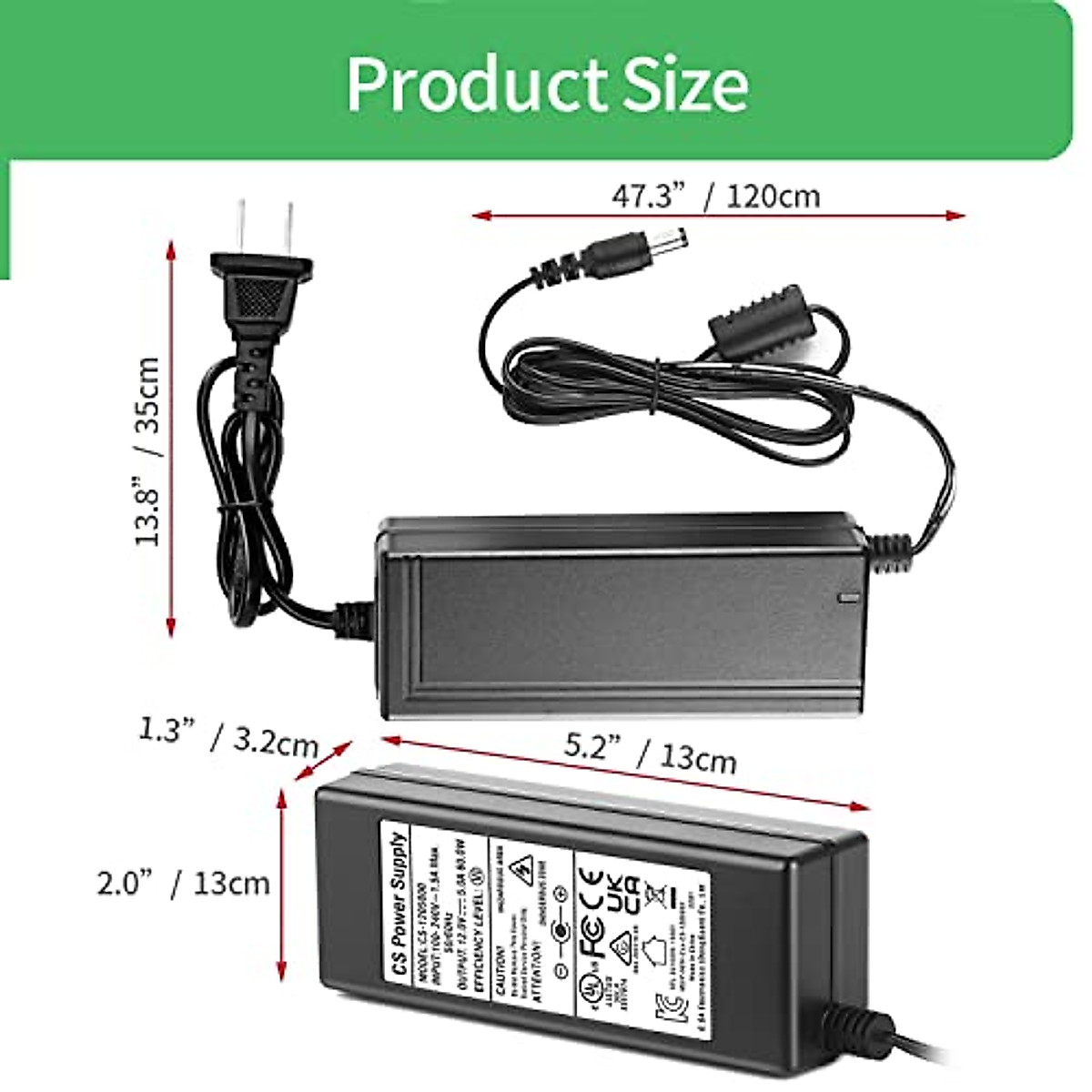 [UL Certified] AC 100-240V to DC 12V 5A Power Supply Adapter Switching + AC Cord Cable 5.5mm x 2.1mm for CCTV Camera DVR NVR Led Light Strip UL Listed FCC
