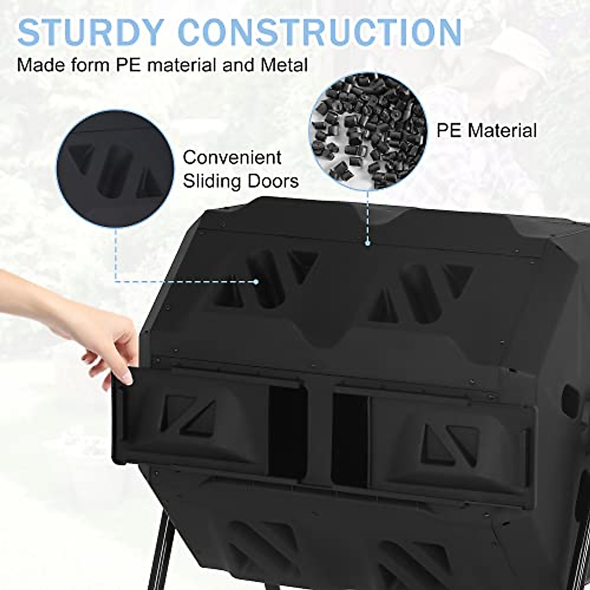 43 Gallon Compost Bin with Dual Chamber Sliding Doors, Outdoor 360° Tumbling Rotating Composting Bins Solid Steel Frame Gardening Compost Tumbler Bucket Trash Can for Patio Yard Waster, Black Door