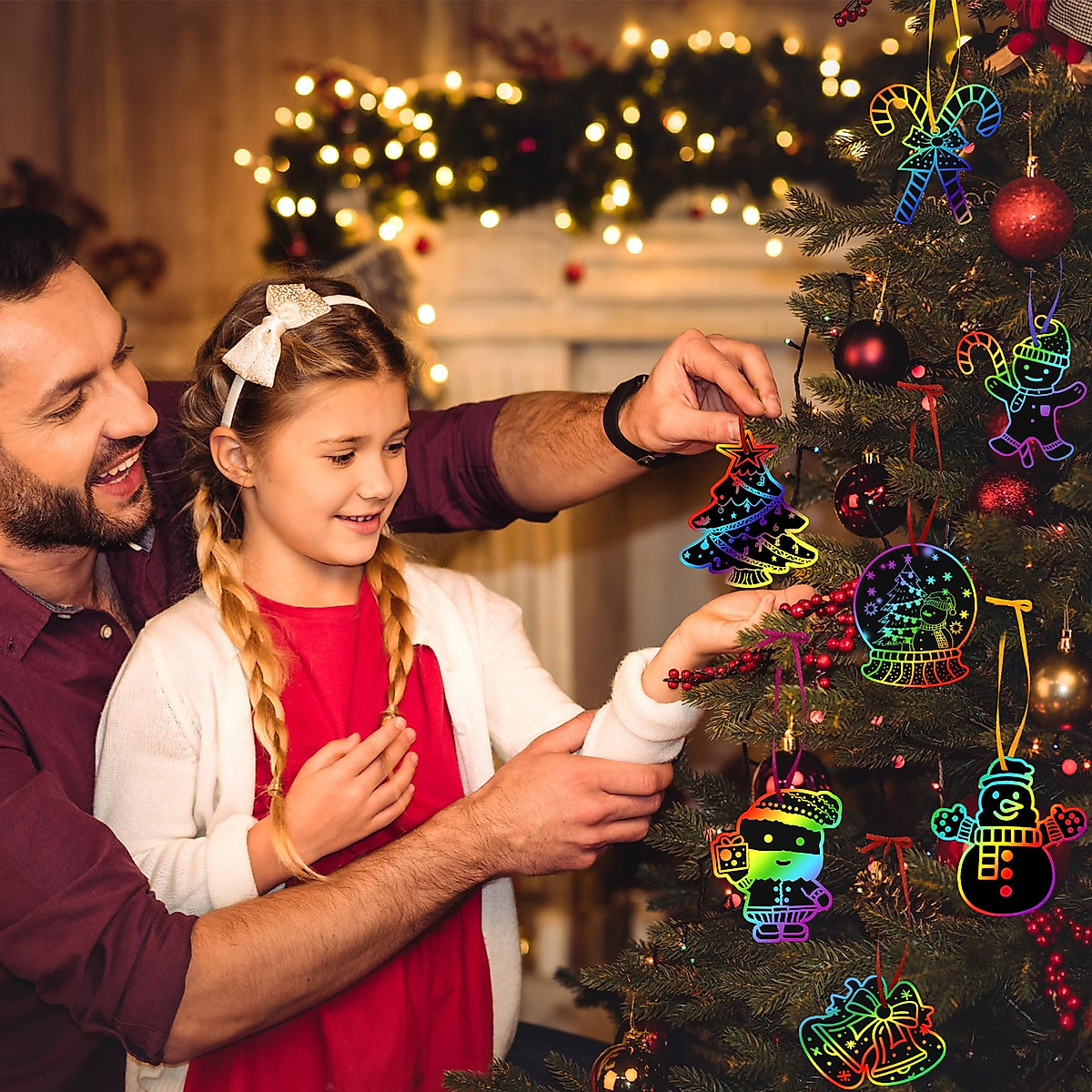 60 Pcs Christmas Scratch Art for Kids, Rainbow Scratch Paper Christmas Crafts for Kids, Scratch Art for Christmas Party Favors Gifts DIY Craft Decoration (60 Papers, 60 Cords and 24 Wood Sticks)