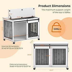 Lyromix Furniture Style Dog Crate End Table with Sliding Barn Door, Indoor Dog Kennel Furniture with Removable Divider for 2 Small to Medium Pets, White, 39.37''W×25.2''D×28.94''H