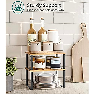 Cabinet Organizer Shelf, Set of 2 Kitchen Counter Shelves, Kitchen Storage, Spice Rack, Stackable, Expandable, Metal and Engineered Wood, Black and Natural (Black & Natural)