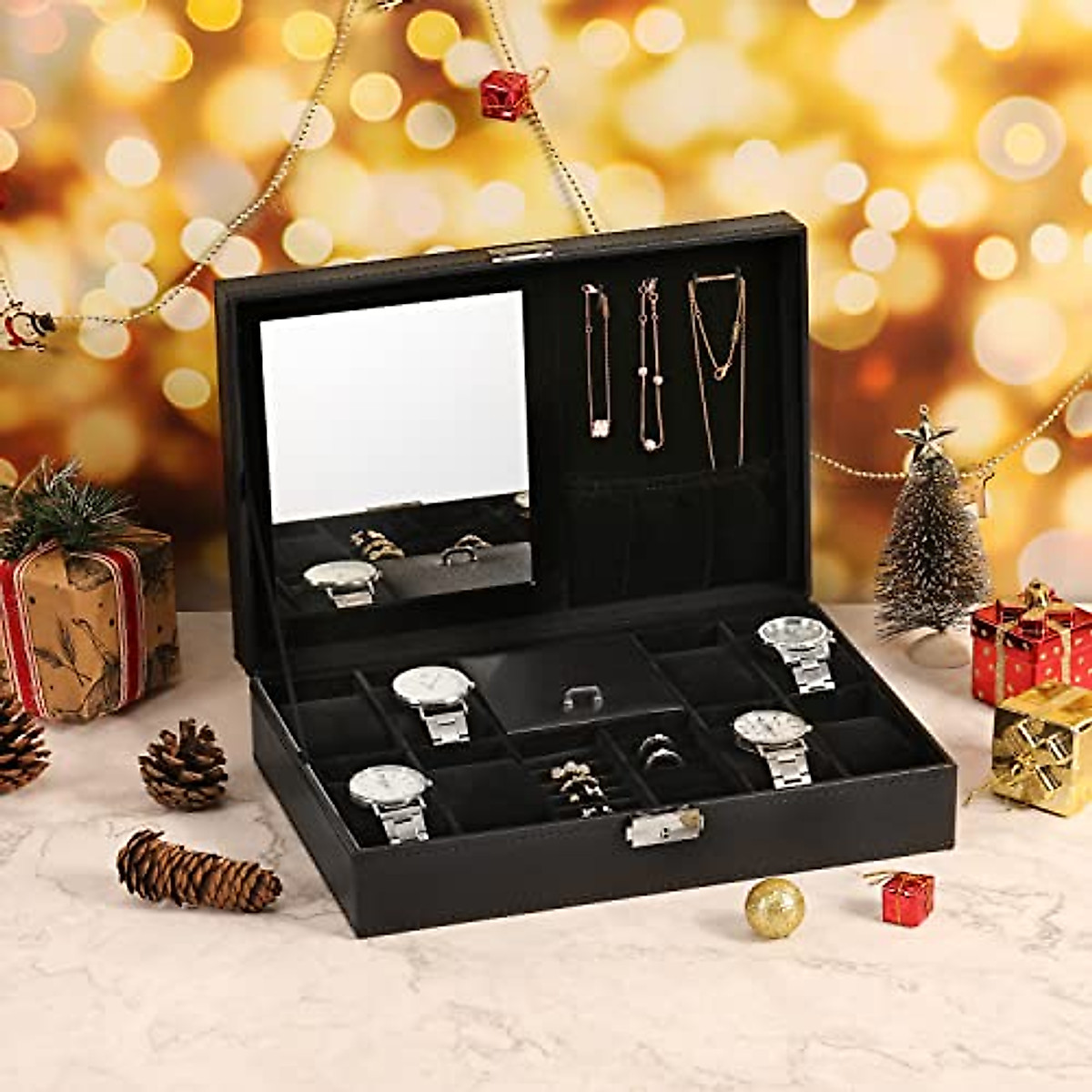 BASTUO Jewelry Box 8 Watch Display Case Organizer Jewelry Trey Storage Box PU Leather with Mirror and Lock， Black with Black Lining