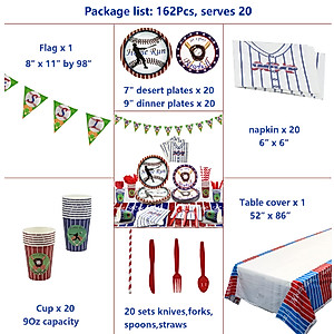Baseball Party Supplies Sports Tableware Party Pack for Baseball Themed Birthday Party Including Plates, Cups, Napkins, Spoons, Knives, Forks, Tablecloth, Banner Serves 20
