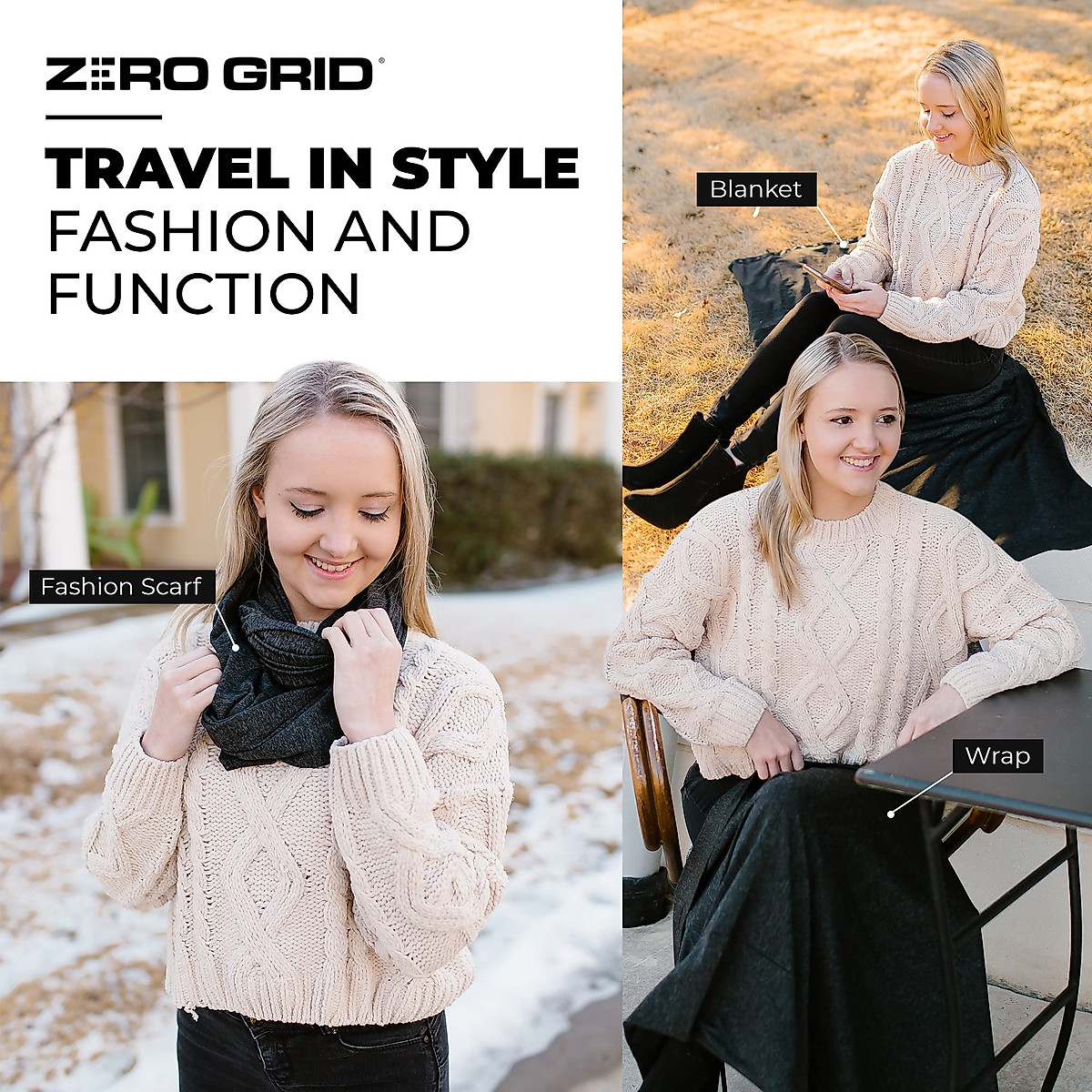 Zero Grid Infinity Fashion Scarf with Hidden Pockets Converts to Blanket and Wrap Perfect for Travel