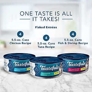 Blue Buffalo Tastefuls Natural Flaked Wet Cat Food Variety Pack, Tuna, Chicken and Fish & Shrimp Entrées in Gravy 5.5-oz Cans (12 Count - 4 of Each)