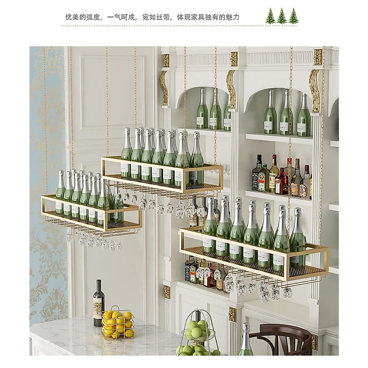 Ceiling Metal Iron Chain Wine Glass Rack, Hanging Wine Glass Holder, Adjustable Wine Rack with Glass Holder, Matte Black Stemware Rack