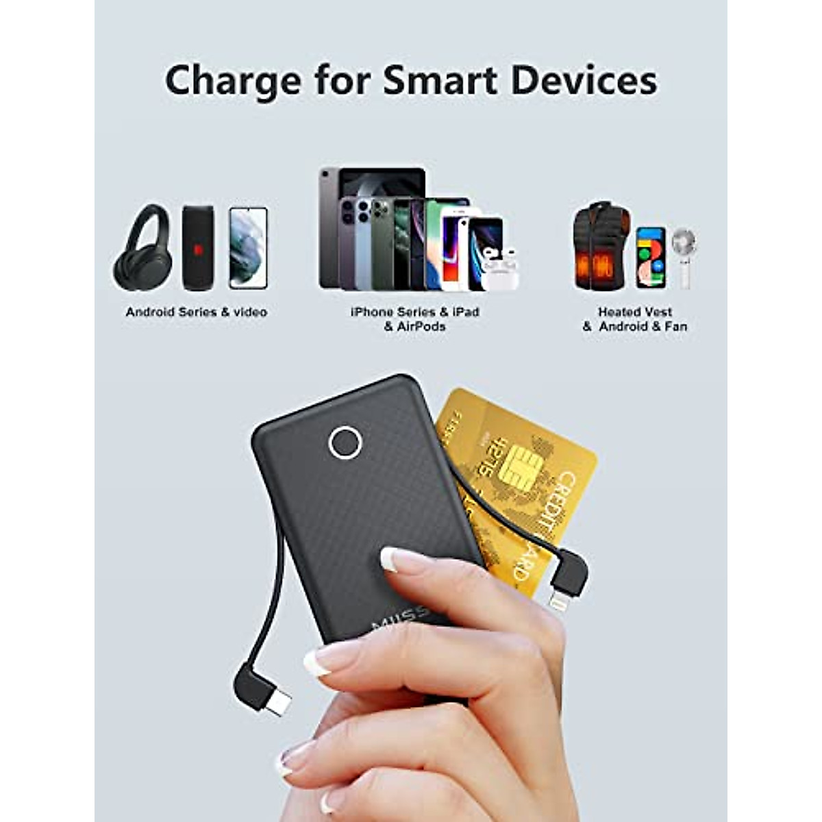 6000mah Ultra Slim Built in Cables Power Bank, Card Size Built in USB C Cords Battery Pack Portable Charger for phones, 3 Output External Battery Pack Compatible with iPhone, Samsung and Heated Vest