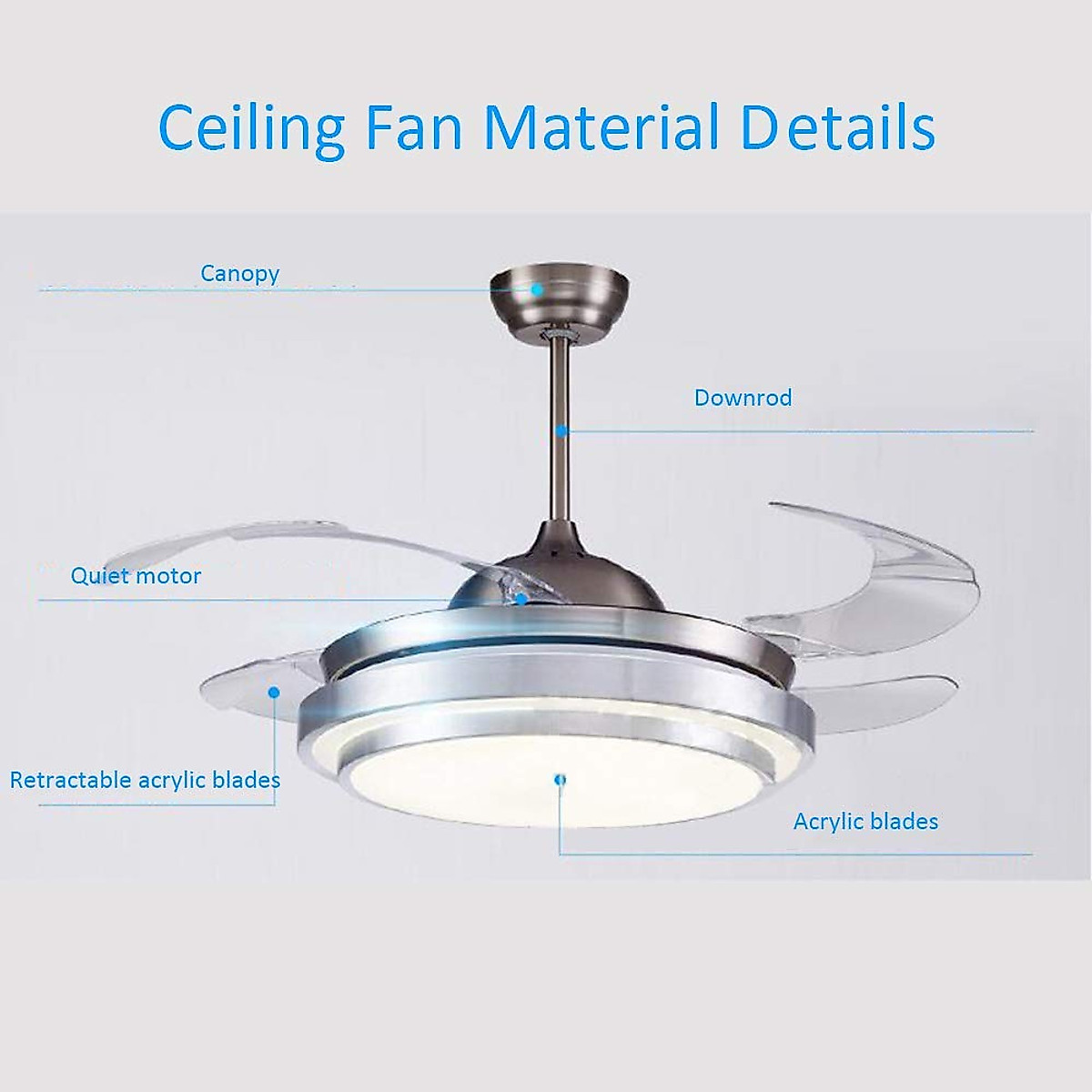 Southerns Lighting 42" Invisible Ceiling Fan with Retractable Blades and Remote Ceiling Fan Light Kit for Bedroom Livingroom Low Profile Kitchen eCiling Fan with Light (Silver-04)