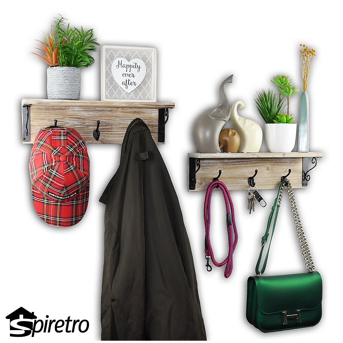 Spiretro Wall-Mounted Coat Hook Rack with Shelf - Set of 2 - Rustic Wood Grey - Entryway Mudroom Bathroom Organizer