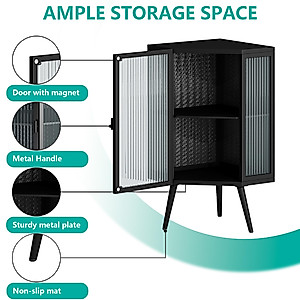 Wetiny Modern Corner Storage Cabinet with Tempered Glass Doors, Accent Corner Hutch Cabinet Freestanding Metal Corner Table Shelf for Bathroom, Kitchen, Bedroom, Living Room,Black