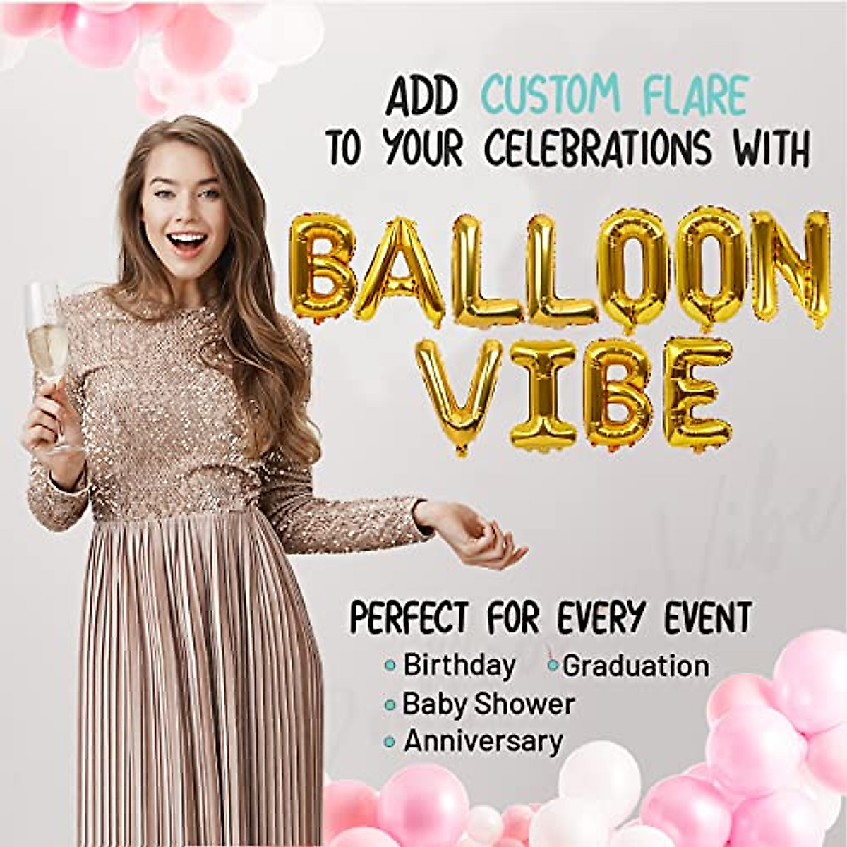 Letter Balloons - Custom Phrase 16 Inch Balloon Letters Alphabet & Number Foil Balloons - Letter Balloon Banner for Birthday, Baby Shower - Gold, Silver, Rose Gold, Red, Blue, Pearl White & Black