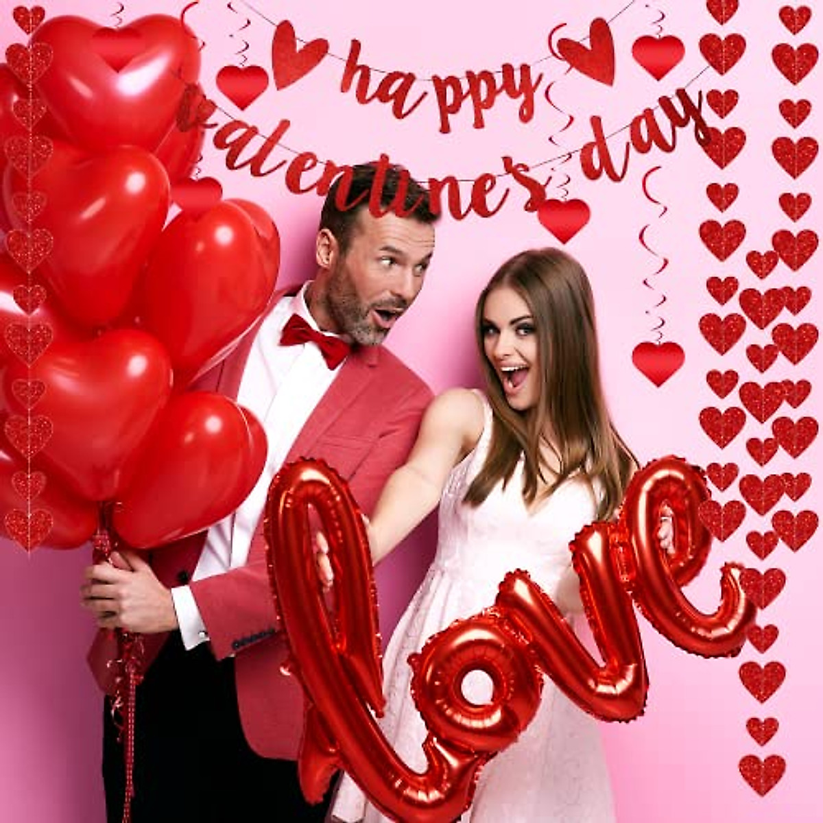 22Pcs Valentine's Day Decorations Set Pre-Assembled Hanging Heart Swirls Happy Valentine's Day Love Heart Garlands Banner for Home Classroom Office Wedding Party Anniversary (Red)