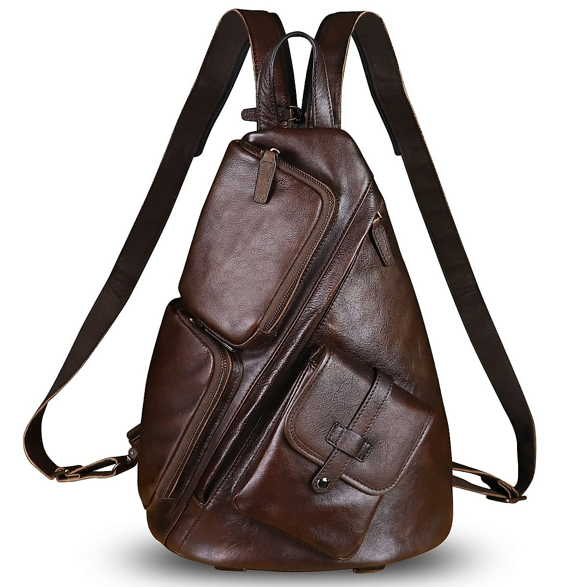 Genuine Leather Sling Bag Crossbody Casual Hiking Daypack Vintage Handmade Chest Bag Shoulder Backpack Motorcycle Pack Rucksack (Coffee)