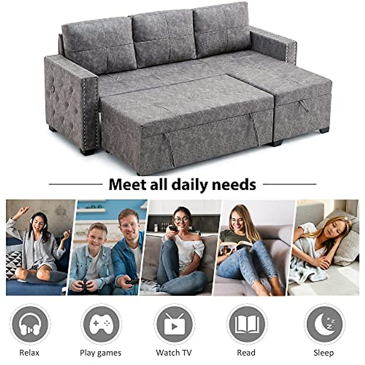 Merax 84" Pull-Out Sleeper Sofa Bed with USB Port,L-Shaped Storage Corner Sofa Bed with Storage Chaise Lounge, 3-Seater Upholstered Sofa Couch with Nail Head Trim