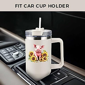 LB LEOBON 40 ounce insulated cup with handle, double-layer vacuum stainless steel material, equipped with straw, can keep warm or maintain cold drinks Pink Pig Sunflower white