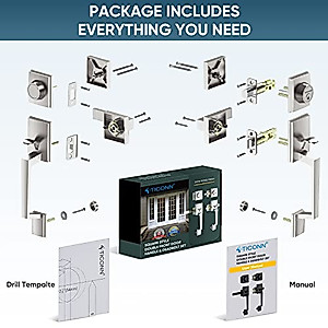 TICONN Double Front Door Handle Set, Heavy Duty Square Door Lever and Single Cylinder Deadbolt Combo for Side by Side Entrance Exterior Doors (Satin Nickel)