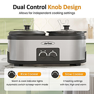 Sunvivi 2 in 1 Slow Cooker and Rice Cooker, Slow Cooker with 1.5 QT Ceramic Pot & 3 Temps, Rice Cooker with 3- Cup Non-Stick Aluminum Pot & Indicator Lights, Dual Control Knob, Stainless Steel