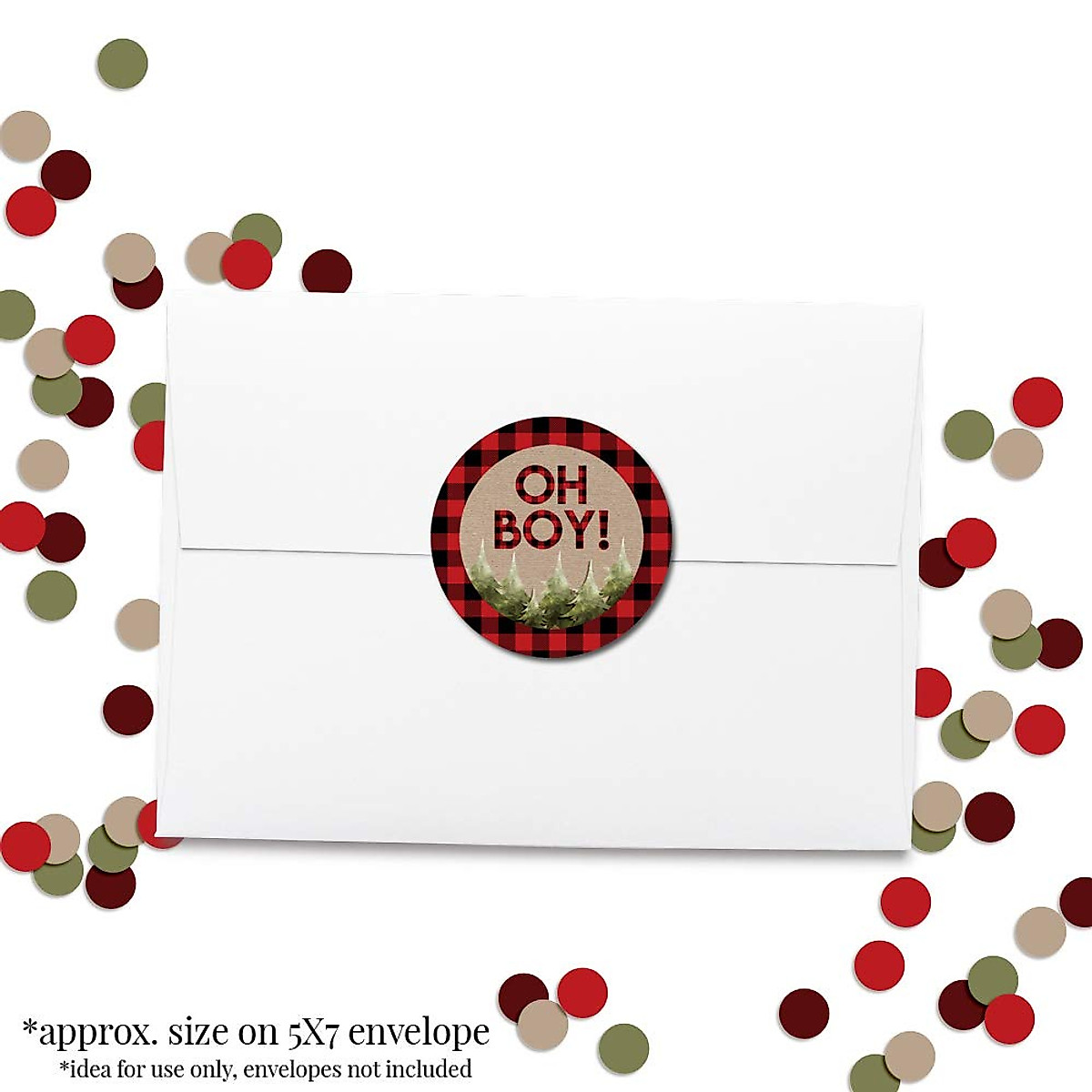 Oh Boy! Outdoorsy Red and Black Plaid Lumberjack Baby Sprinkle Baby Shower for Boys Thank You Sticker Labels, 40 2" Party Circle Stickers by AmandaCreation, Great for Party Favors, Envelope Seals & Go