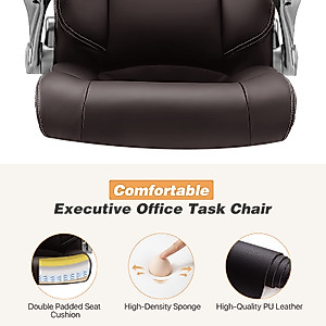 Office Chair Home Ergonomic Computer Hight Back Executive Desk Chairs, Adjustable Height Flip-Up Armrest Lumbar Support and Tilt Swivel Rocking PU Leather Chairs with Wheels Brown