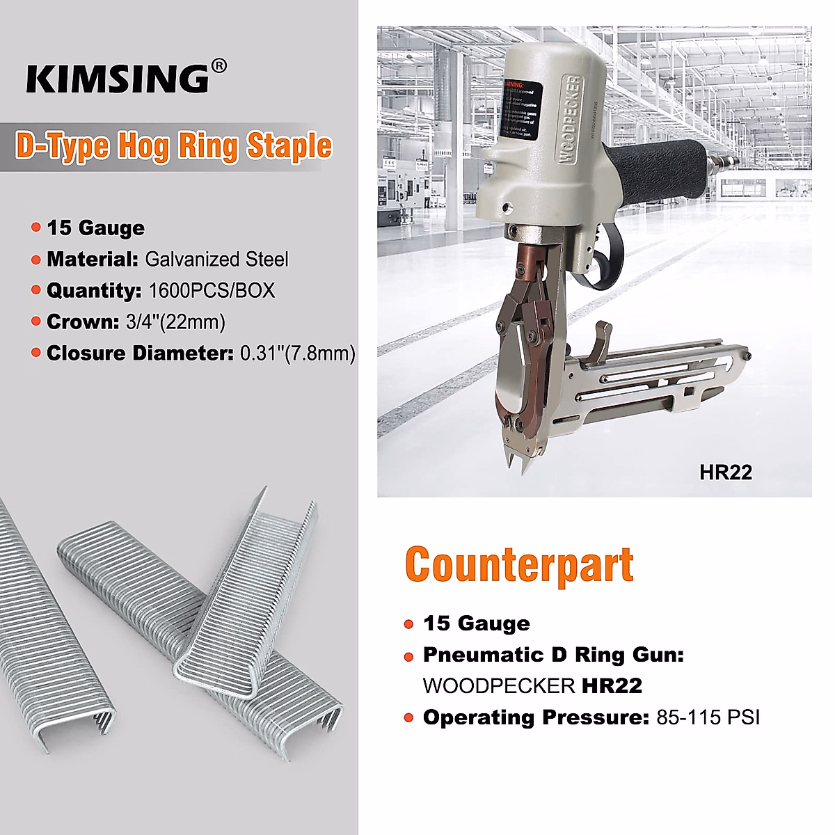 HR-22 15 Gauge 3/4'' Crown Galvanized D-Rings Hog Rings D Ring Staples for HR22 Hog Ring Plier D Ring Gun 1600 PCS/BOX