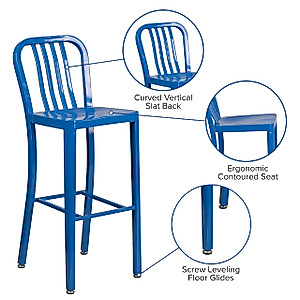Flash Furniture Gael Commercial Grade 2 Pack 30" High Blue Metal Indoor-Outdoor Barstool with Vertical Slat Back