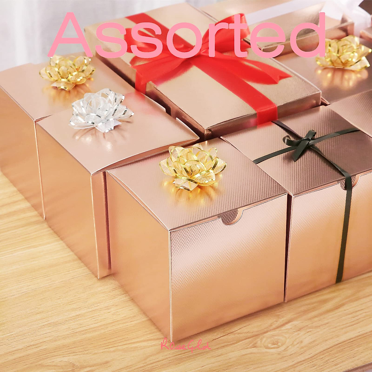 ROSEGLD 10 Gift Boxes 9.5x6.5x4 Inches, Gift Boxes with Lids, Rose Gold Gift Boxes, Bridesmaid Proposal Boxes for Light Weight Gifts (Glossy Rose Gold with Grass Texture)