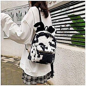 Women Faux Fur Backpack Cute Ear Cow Print Satchel Shoulder Bag Purse Fluffy Plush Fashion Casual Daypack