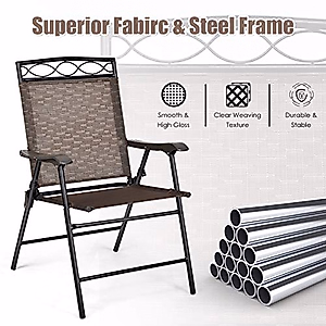 Safstar Set of 4 Folding Patio Chairs, Portable Sling Chairs with Armrests and Metal Frame, Indoor & Outdoor Reclining Chairs for Beach Backyard Balcony (Coffee 4 pcs)