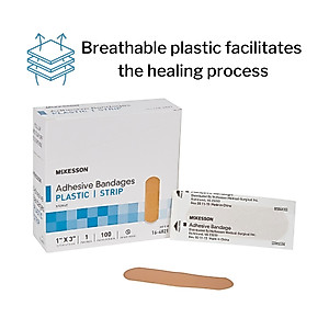 McKesson Adhesive Bandages, Sterile, Plastic Strip, 1 in x 3 in, 100 Count, 2 Packs, 200 Total