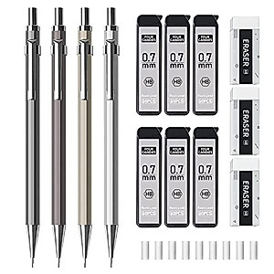 Four Candies 0.7mm Mechanical Pencil Set with Case - 4PCS Metal Mechanical Pencils, 6 Tubes HB #2 Lead Refills, 3PCS 4B Erasers and 9PCS Eraser Refills, Lead Mechanical Pencils for Writing & Drawing