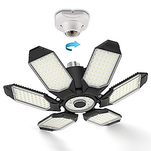 LED Garage Light Bulb, 150W 15000LM Deformable LED Garage Ceiling Light with 6 Adjustable Panels, E26/E27 Screw-in Bulb Base LED Shop Light, 6000k Daylight Lighting for Garage, Basement, Barn