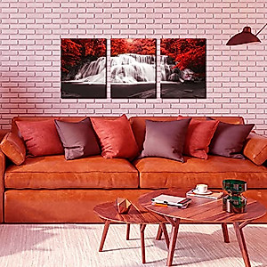 CERLMLAND Waterfall - Wall Art Painting Black White Red Landscape Canvas Wall Art 3 Pieces,Red Trees Forest Picture Prints for Home-office - canvas art wall art for living room 12x16inchx3pcs