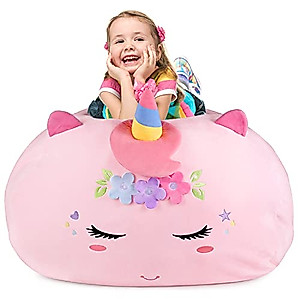 GAGAKU Stuffed Animal Bean Bag Cover Toy Storage, 24 Inches Kids Bean Bag Chair Cover ONLY Pink Unicorn Large Zipper Bean Bag for Organizing Kids Plush Toys Home Supplies (Cover Only)