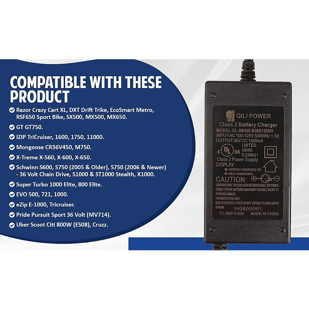 36V 1.5A Battery Charger for Razor MX500 - Premium 36V 1500mA Scooter Quick Charger (3-Pin XLR Connector) for Razor Crazy Cart XL, MX650, Currie, Schwinn S1000, S600, Ezip E1000, X-600 - W15128190014