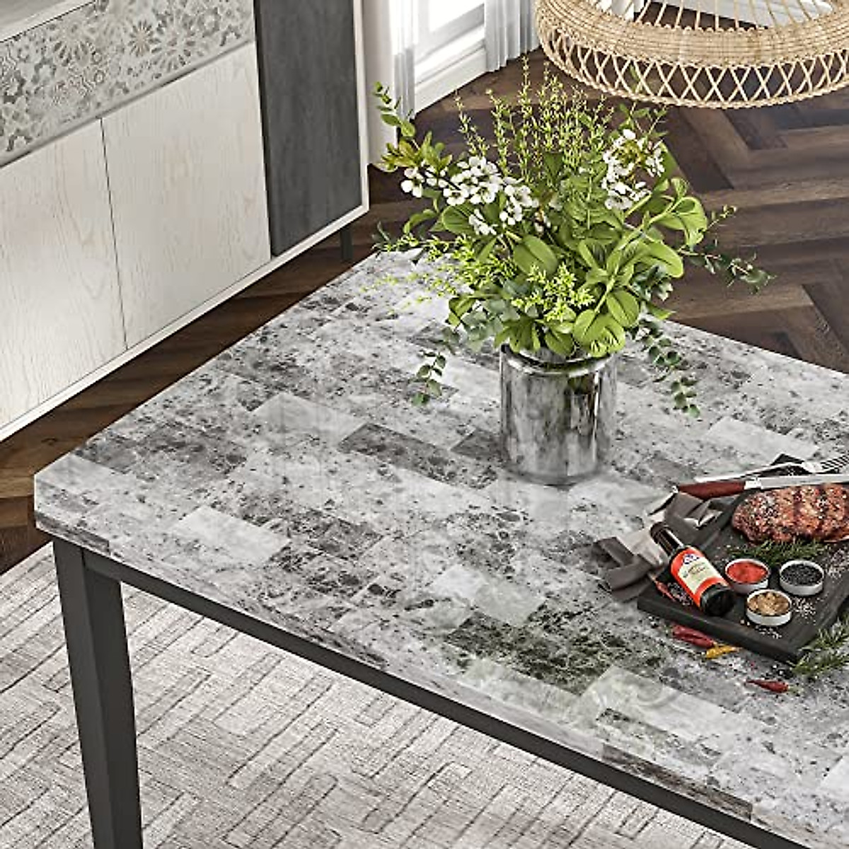 DHHU Furniture, 7-Piece Dining 1 Faux Marble Top Upholstered-Seats, Kitchen Table Set for 6, Black