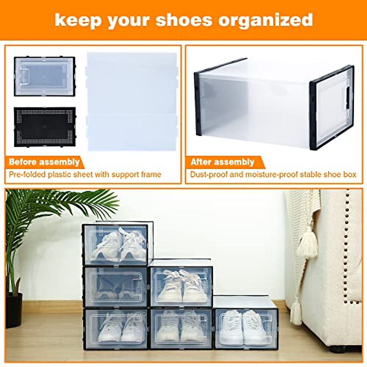 Fixwal Clear Shoe Storage Boxes Stackable, 12 Pack XL-Large Shoe Storage Organizers, Stackable Clear Plastic Boxes for Closet, 13.2 (L) x 10.1 (w) x 6.42 (H) Inch, Black