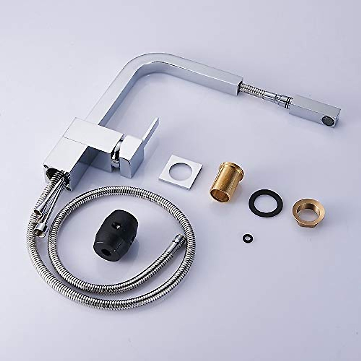 JiuZhuo Modern Single Handle Square Kitchen Sink Faucet with Pull Down Sprayer in Chrome