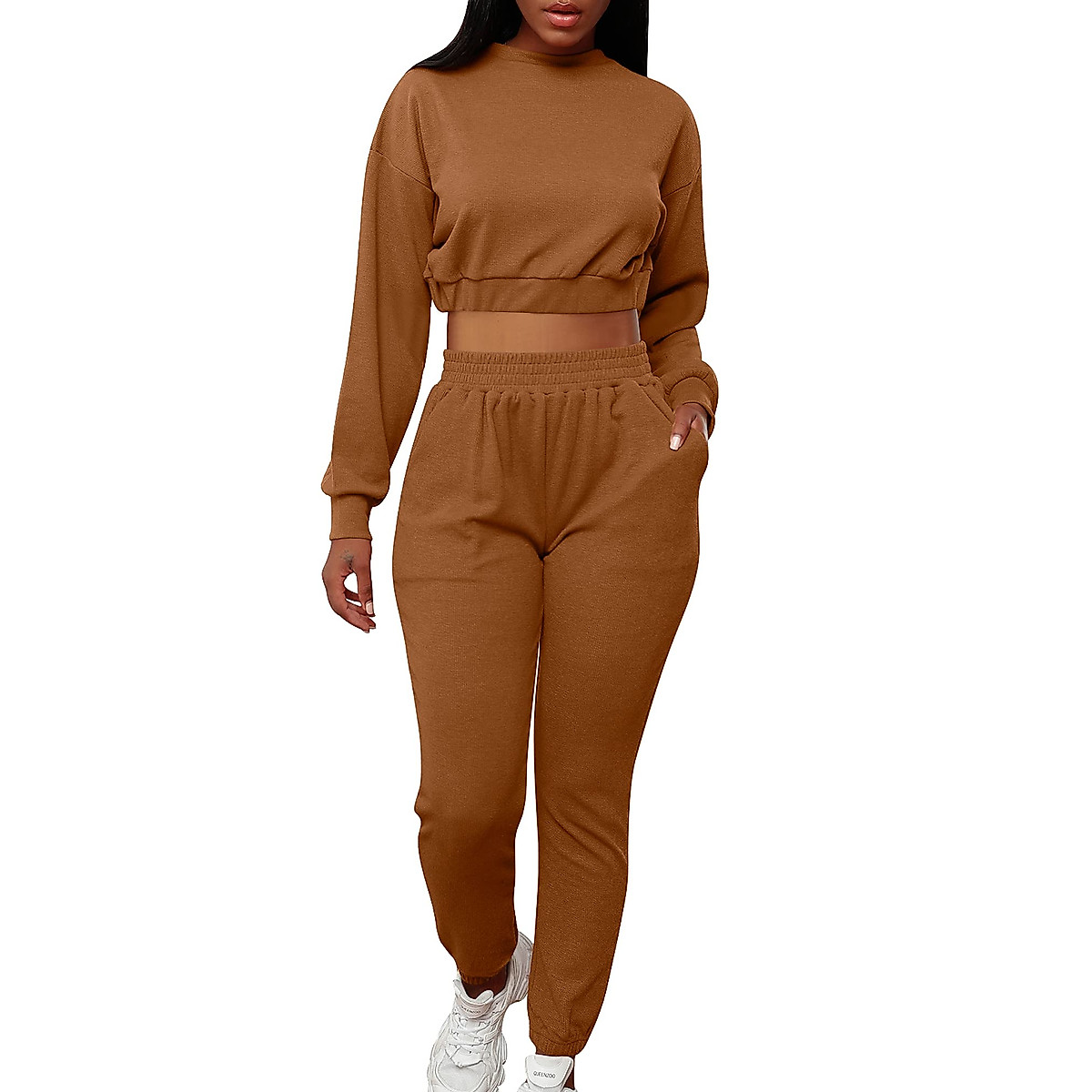 Mizoci Women's 2 Piece Outfits Lounge Jogger sets Long Sleeve Crop Top Pant Sweat Suit Tracksuit,Medium,Coffee