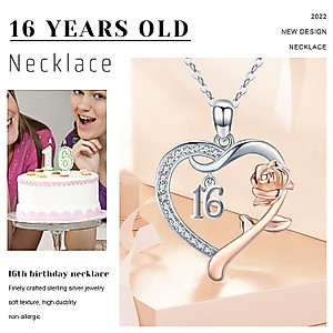 16 Year Old Gifts for Birthday/ Sweet 16th Birthday Gifts for Daughter 925 Sterling Silver Love Heart Rose Flower Pendant Necklace for Women Mothers Day Christmas Anniversary Graduation Jewelry