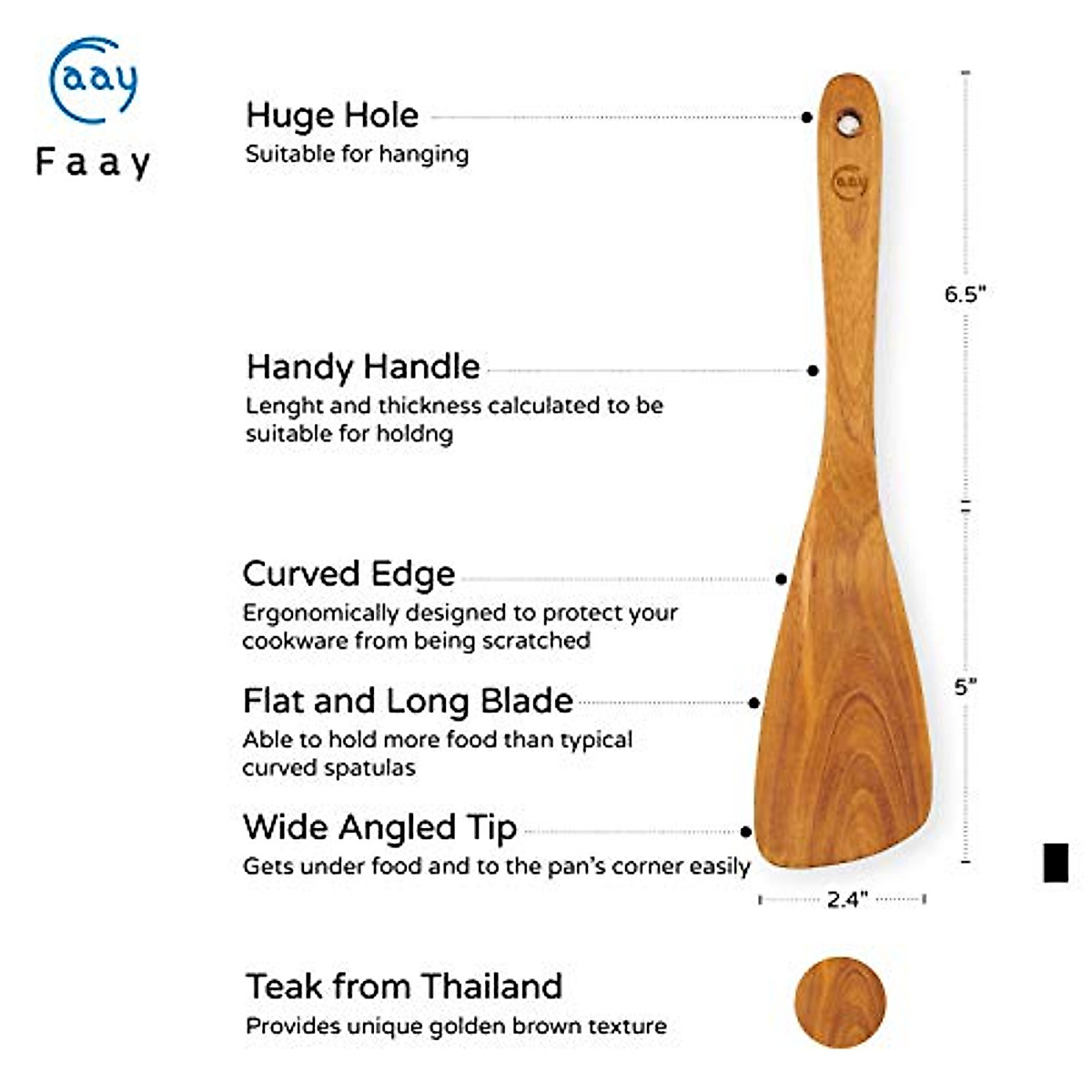FAAY 11.5 Inch Teak Wood Spatula/Turner for RIGHT Hand | Versatile Spatula, Durable, Healthy and High Moist Resistance for Non Stick Cookware